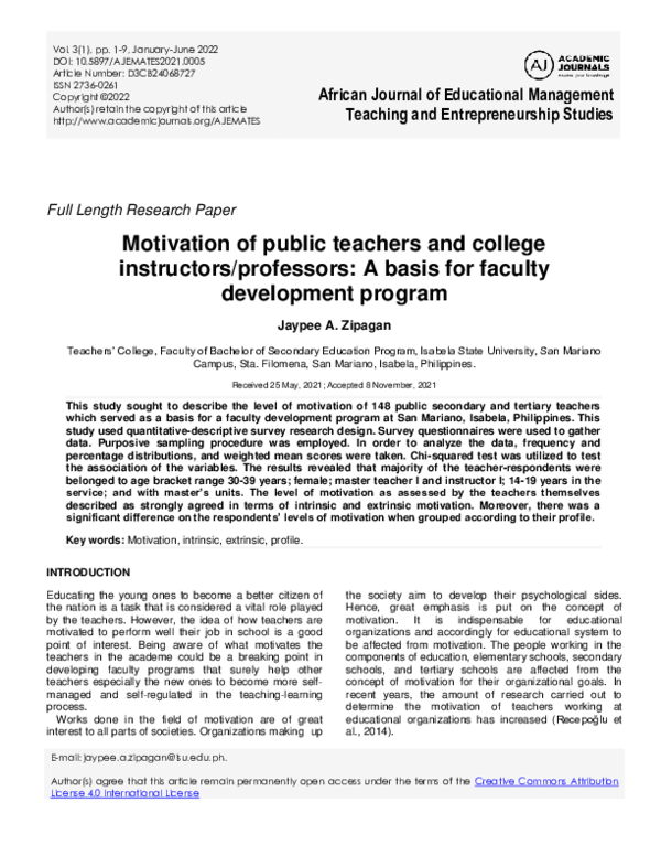 (PDF) Motivation of public teachers and college instructors/professors ...