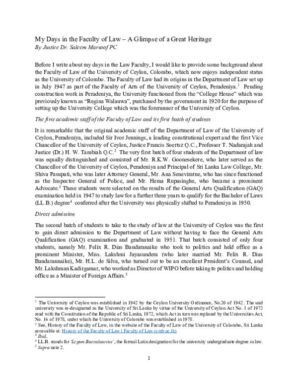 (PDF) My Days in the Faculty of Law - A Glimpse of a Great Heritage