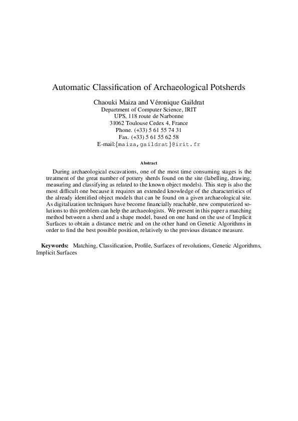 (PDF) Automatic classification of archaeological potsherds