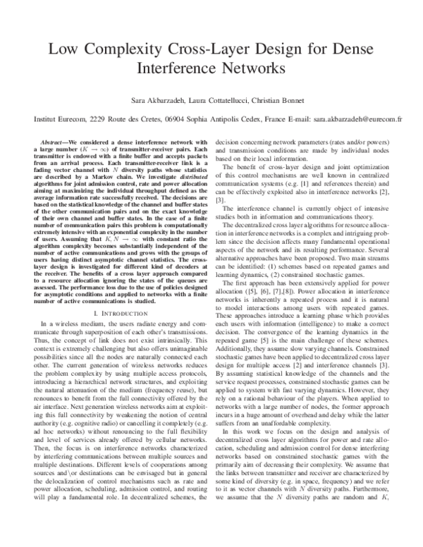 (PDF) Low complexity cross-layer design for dense interference networks