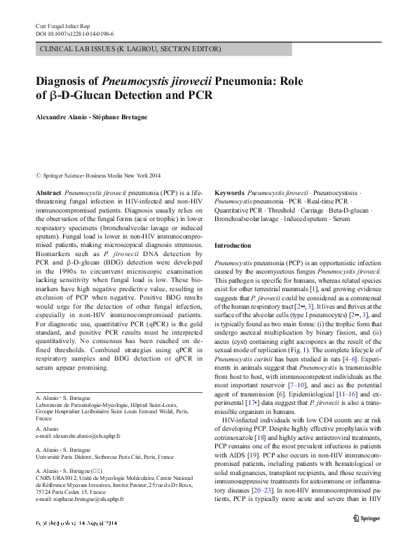 (PDF) Diagnosis of Pneumocystis jirovecii Pneumonia: Role of β-D-Glucan ...