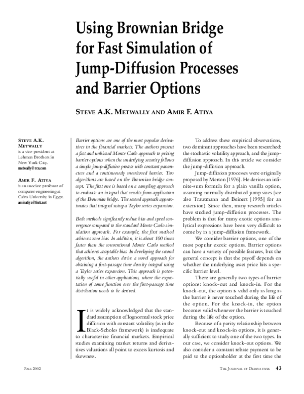 (PDF) Using Brownian Bridge for Fast Simulation of Jump-Diffusion Processes and Barrier Options