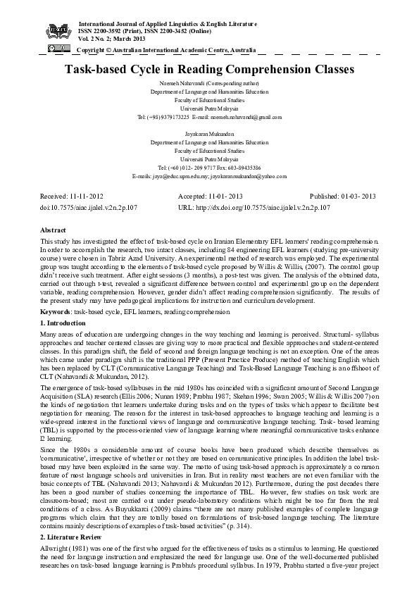 (PDF) Task-based Cycle in Reading Comprehension Classes