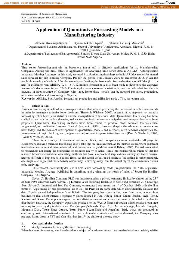(PDF) Application of Quantitative Forecasting Models in a Manufacturing ...