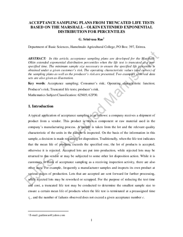 (PDF) Acceptance sampling plans from truncated life tests based on the ...
