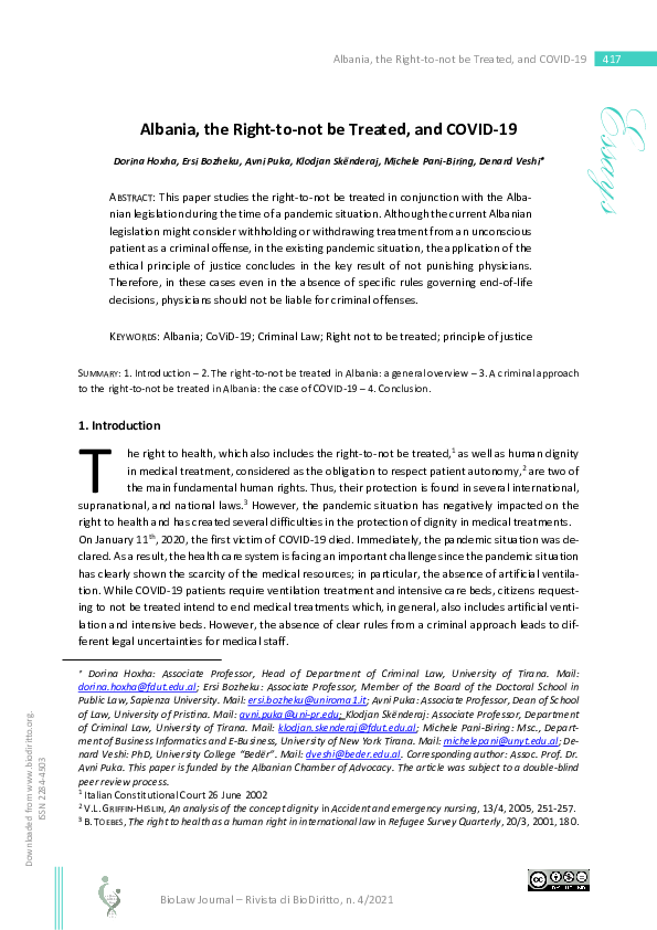 (PDF) Albania, the Right-to-not be Treated, and COVID-19