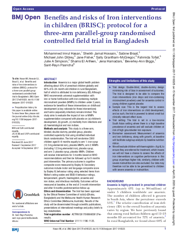 (PDF) Benefits and risks of Iron interventions in children (BRISC): protocol for a three-arm ...