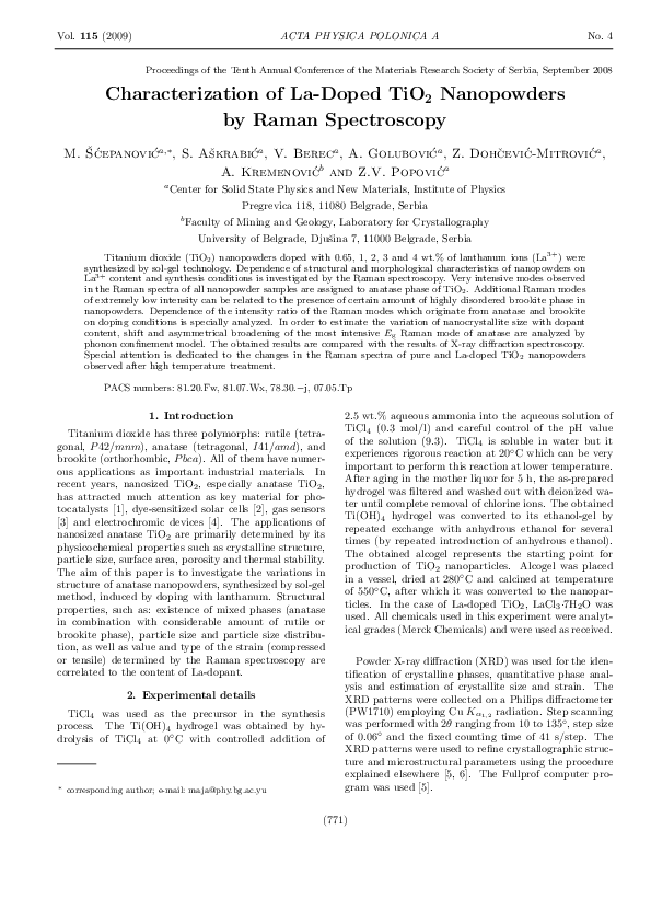 Pdf Characterization Of La Doped Tio2nanopowders By Raman Spectroscopy