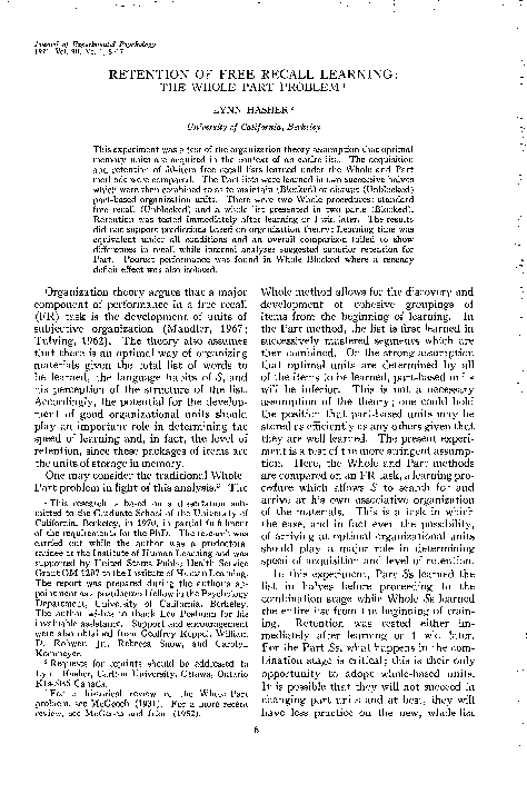 (PDF) Retention of free recall learning: The whole-part problem