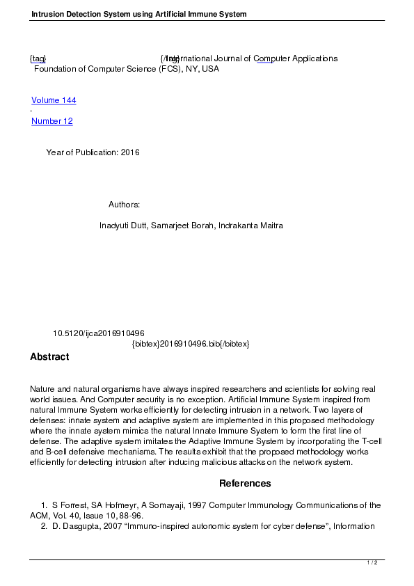 (PDF) Intrusion Detection System using Artificial Immune System