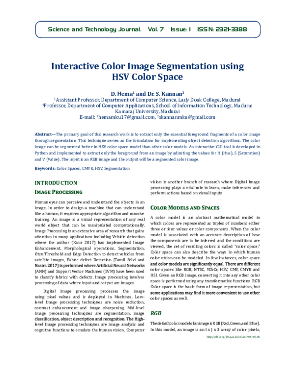 Pdf Interactive Color Image Segmentation Using Hsv Color Space