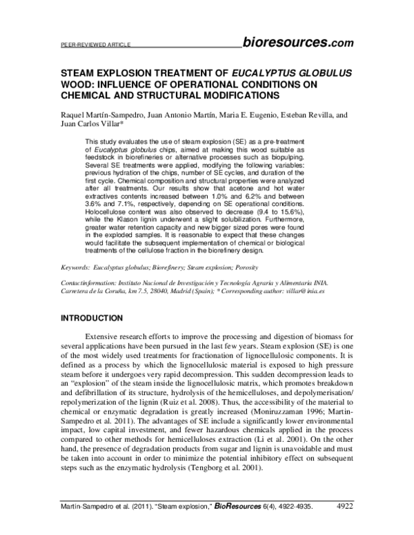 (PDF) Steam Explosion Treatment of Eucalyptus Globulus Wood: Influence ...