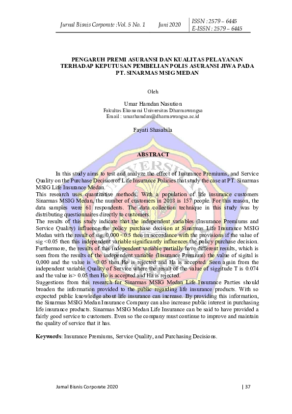 (PDF) Pengaruh Premi Asuransi Dan Kualitas Pelayanan Terhadap Keputusan Pembelian Polis Asuransi ...
