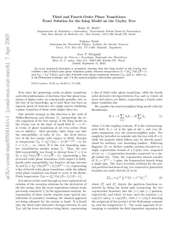 (PDF) Third and fourth order phase transitions: Exact solution for the Ising model on the Cayley ...