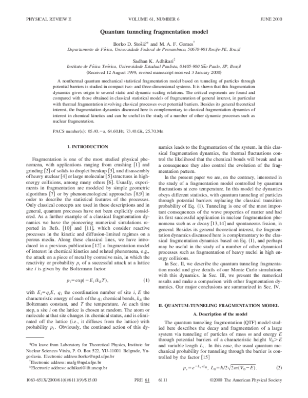 (PDF) Quantum tunneling fragmentation model