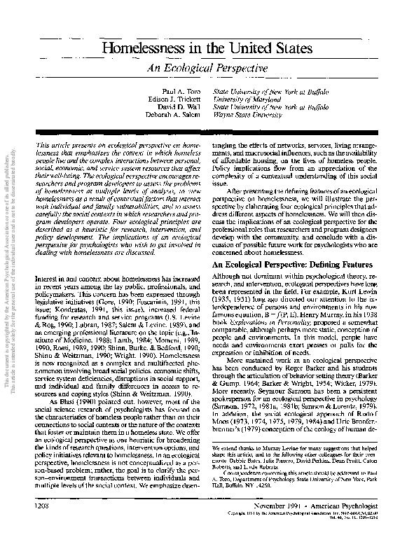 (PDF) Homelessness in the United States: An ecological perspective