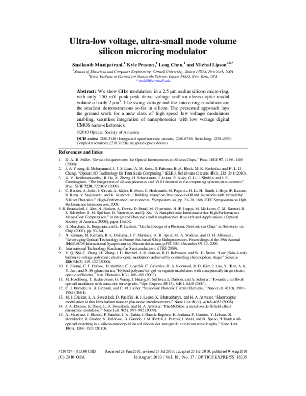(PDF) Ultra-low voltage, ultra-small mode volume silicon microring modulator | Sasikanth ...