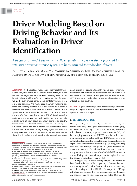 (PDF) Driver Modeling Based on Driving Behavior and Its Evaluation in Driver Identification