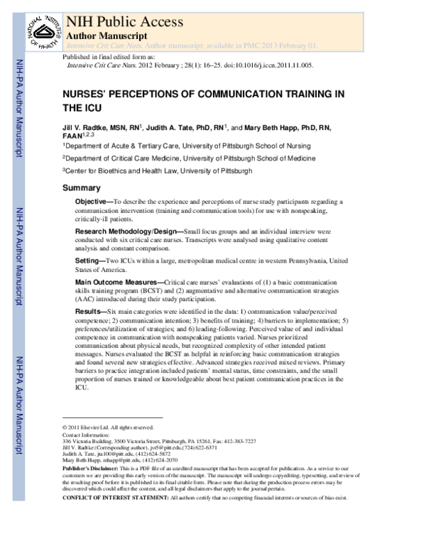 (PDF) Nurses’ perceptions of communication training in the ICU