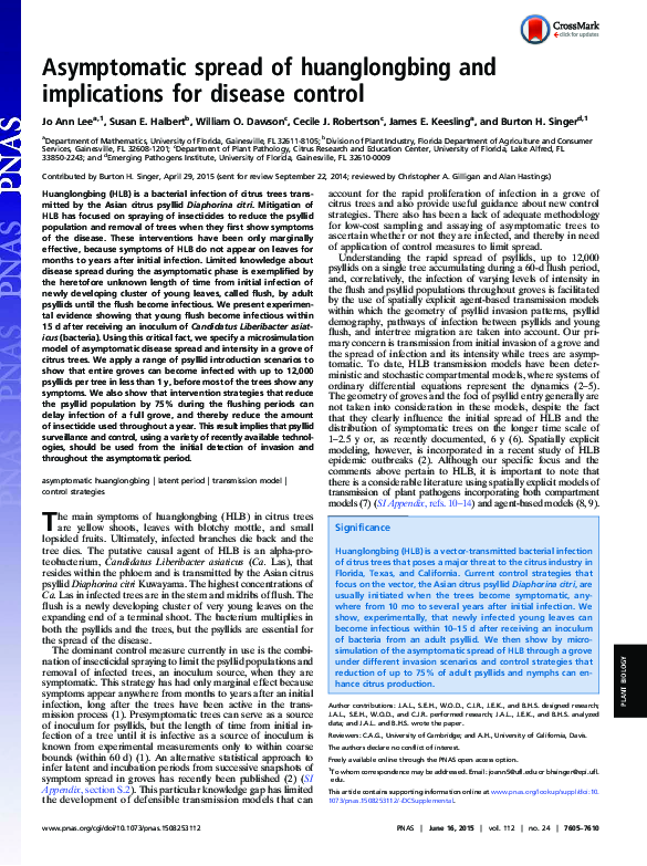 (PDF) Asymptomatic spread of huanglongbing and implications for disease ...