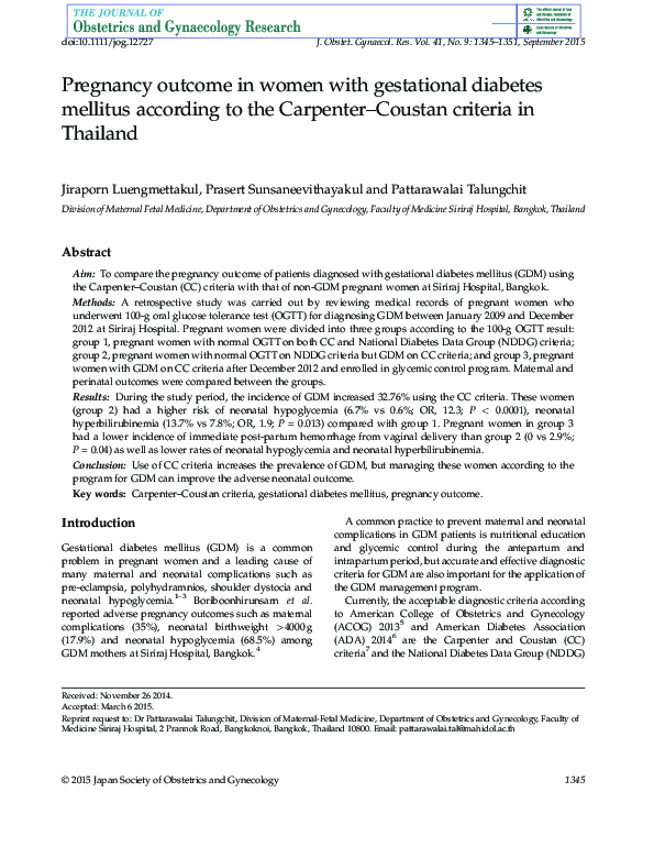 (PDF) Pregnancy outcome in women with gestational diabetes mellitus ...