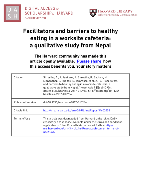 (PDF) Facilitators and barriers to healthy eating in a worksite ...