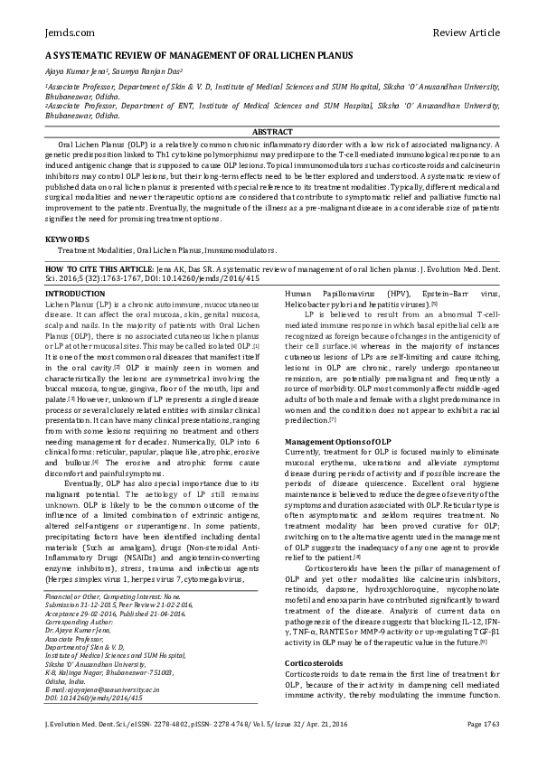 (PDF) A Systematic Review of Management of Oral Lichen Planus