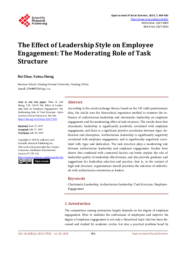 (PDF) The Effect of Leadership Style on Employee Engagement: The Moderating Role of Task Structure