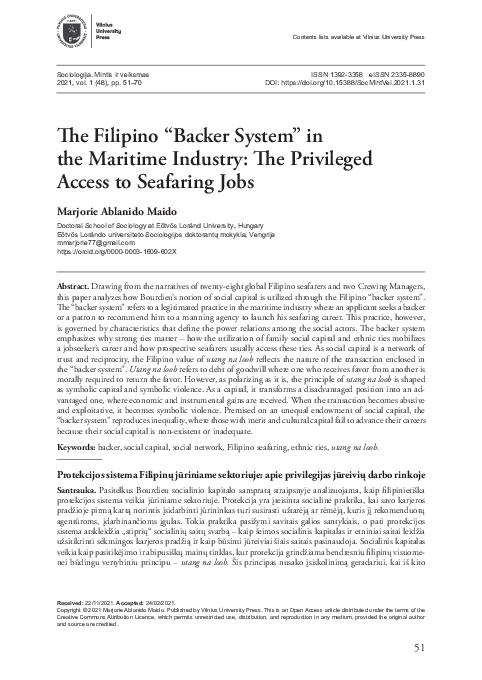 (PDF) The Filipino “Backer System” in the Maritime Industry: The ...