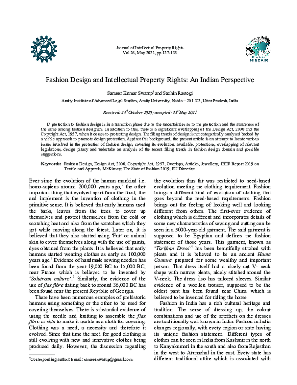 (PDF) Fashion Design and Intellectual Property Rights an Indian Perspective