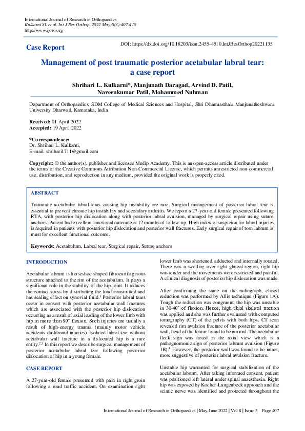 (PDF) Management of post traumatic posterior acetabular labral tear: a ...