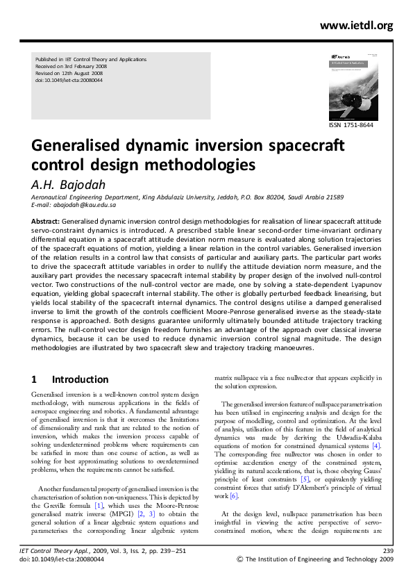 (PDF) Generalised dynamic inversion spacecraft control design methodologies