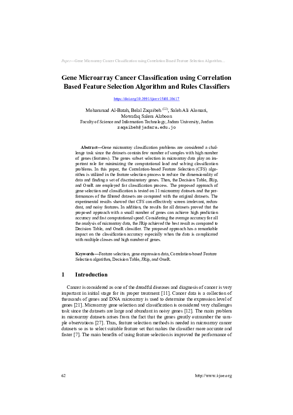 (PDF) Gene Microarray Cancer Classification using Correlation Based Feature Selection Algorithm ...