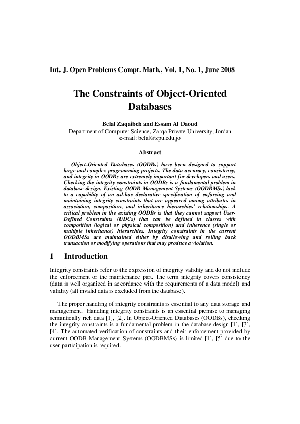 (PDF) The Constraints of Object-Oriented Databases