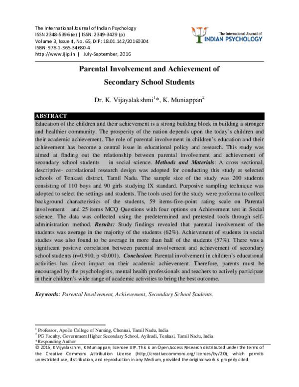 (PDF) Parental Involvement and Achievement of Secondary School Students