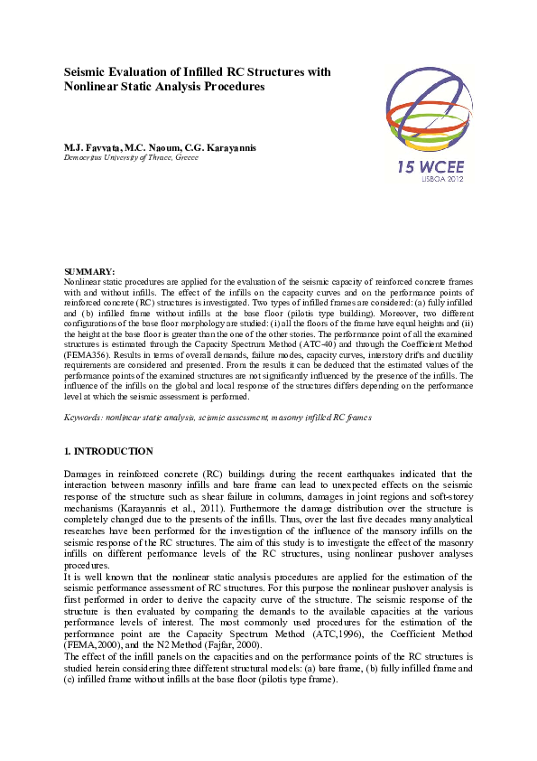 Pdf Seismic Evaluation Of Infilled Rc Structures With Nonlinear Static Analysis Procedures