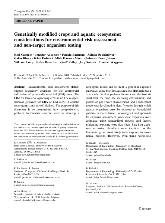 (PDF) Genetically modified crops and aquatic ecosystems: considerations ...