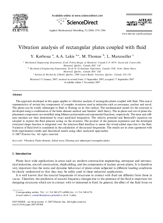 Pdf Vibration Analysis Of Rectangular Plates Coupled With Fluid