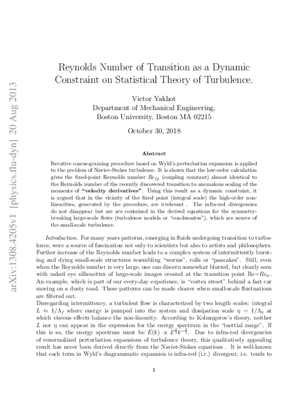 (PDF) Reynolds number of transition as a dynamic constraint on statistical theory of turbulence ...