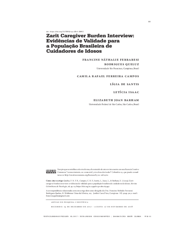 (PDF) Zarit Caregiver Burden Interview: Evidências de Validade para a ...