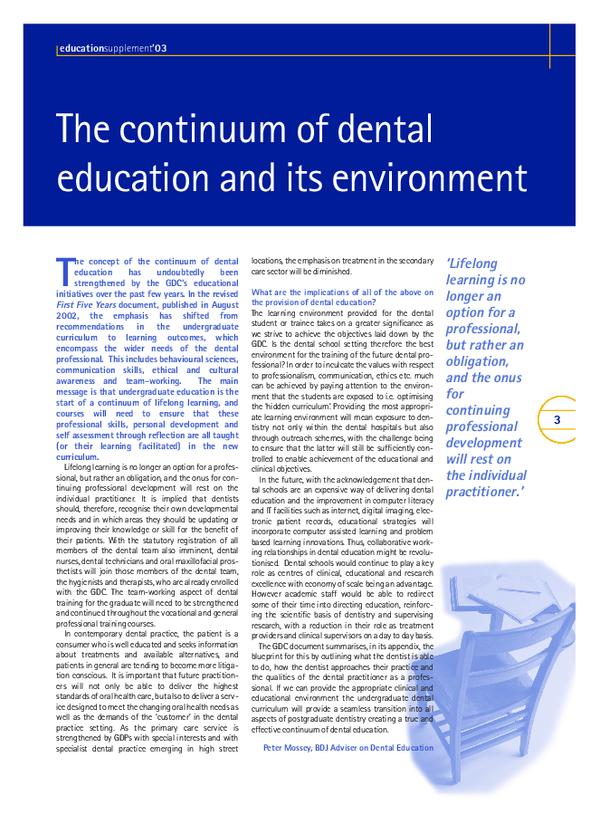 (PDF) The continuum of dental education and its environment | Peter ...