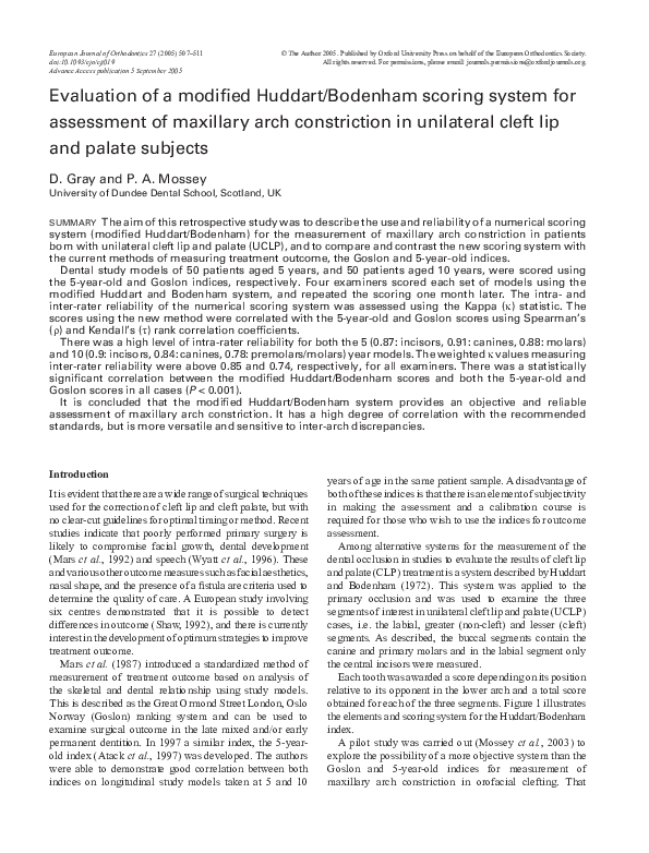 (PDF) Evaluation of a modified Huddart/Bodenham scoring system for assessment of maxillary arch ...