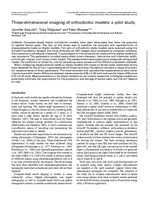 (PDF) Three-dimensional imaging of orthodontic models: a pilot study ...