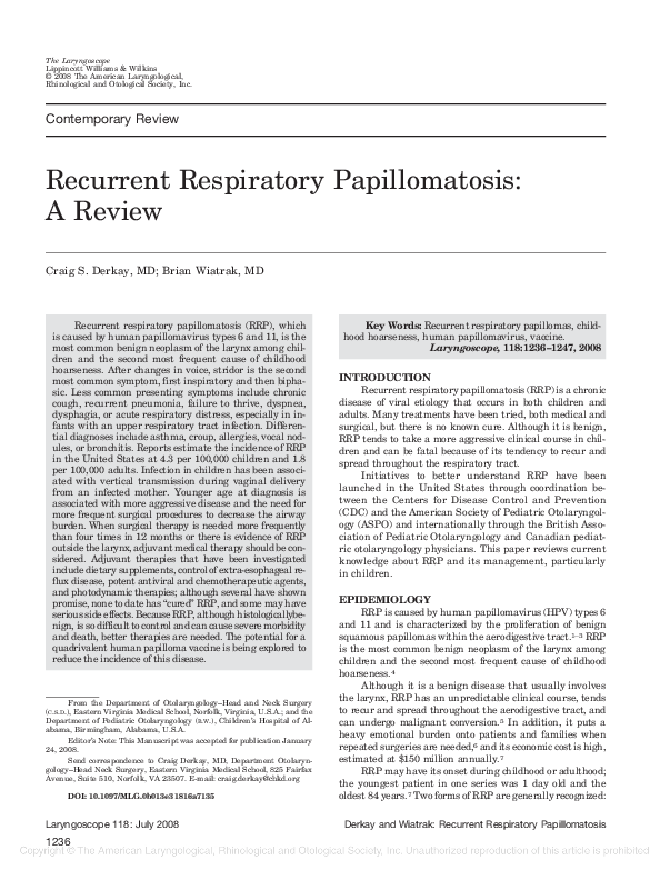 (PDF) Recurrent Respiratory Papillomatosis: A Review | Brian Wiatrak ...