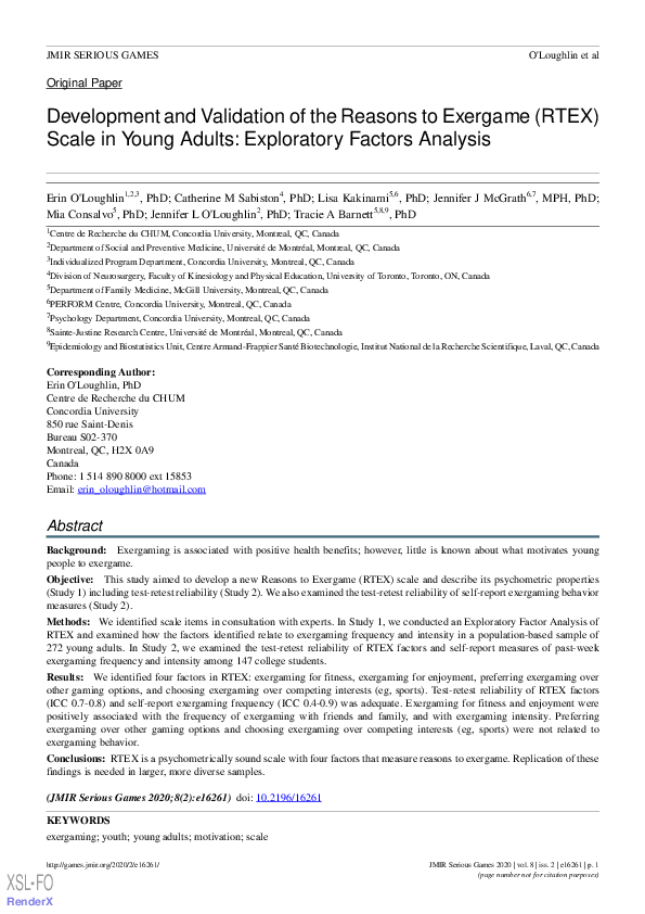 (PDF) Development and validation of the Reasons to Exergame (RTEX) scale. (Preprint)