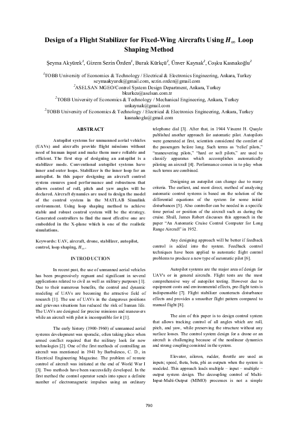 (PDF) Design of a flight stabilizer for fixed-wing aircrafts using H∞loop shaping method