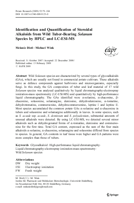 (PDF) Identification and Quantification of Steroidal Alkaloids from Wild Tuber-Bearing Solanum ...