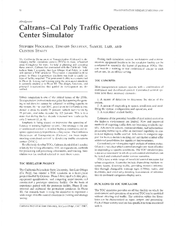 (PDF) Caltrans-Cal Poly Traffic Operations Center Simulator (Abridgment)