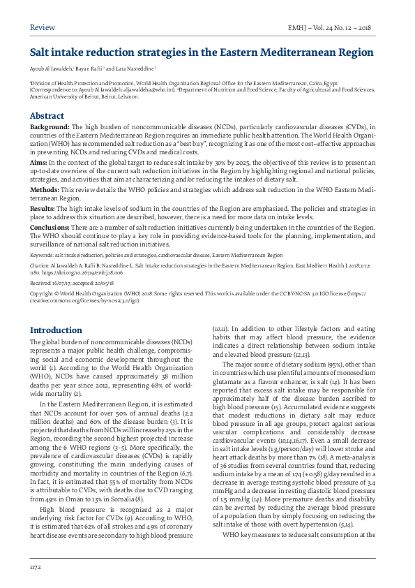 (PDF) Salt intake reduction strategies in the Eastern Mediterranean ...