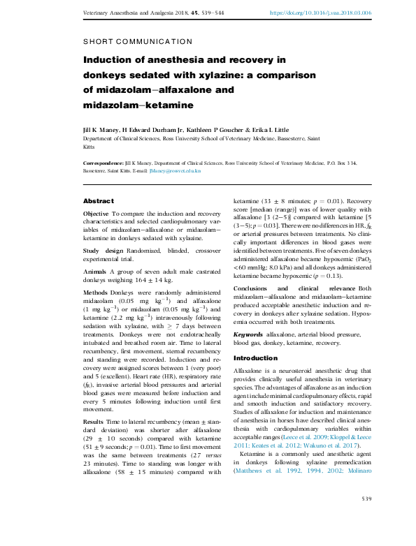 (PDF) Induction of anesthesia and recovery in donkeys sedated with ...